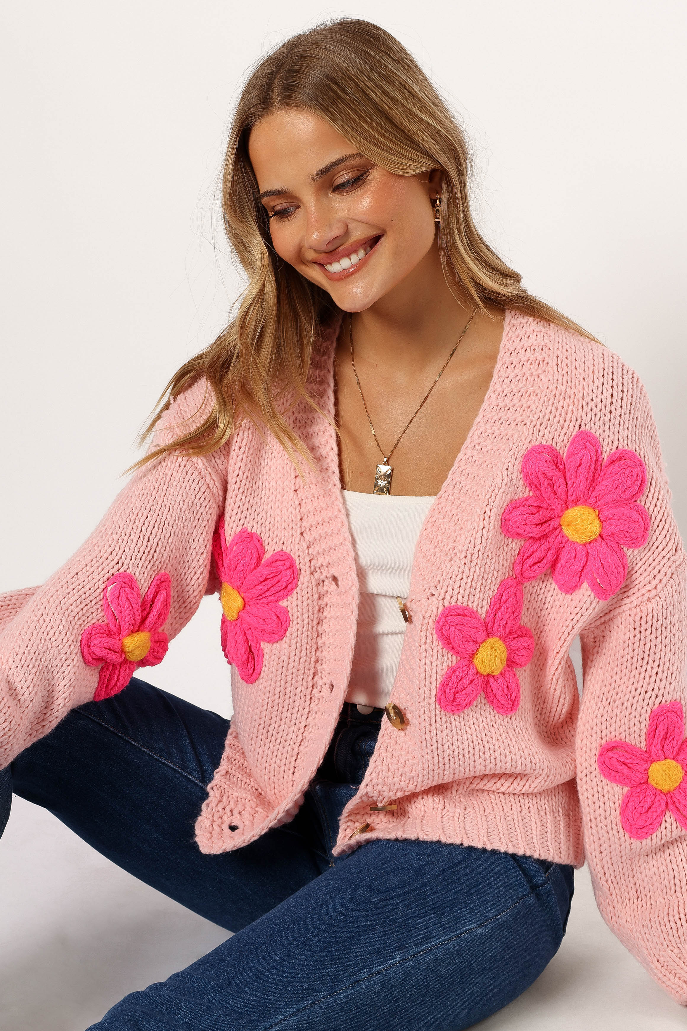 Clementine Flower Embroidered Open Front Cardigan - Pink - picern